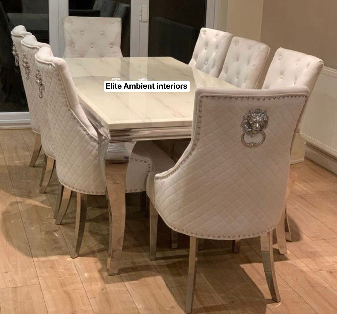 Louis Marble Dining Table With Mink Majestic Dining Chairs – Exquisite ...