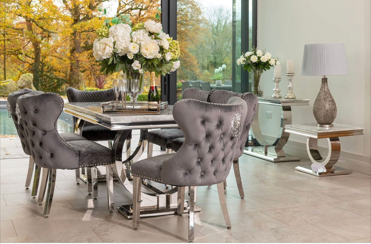 Arianna Marble Dining Table With Valentino Lion Knocker Chairs ...